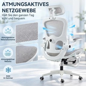 HOMCOM ergonomická kancelářská židle s bederní opěrkou, podnožkou a opěrkou hlavy, šedá