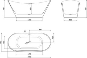 Mexen Montana, volně stojící vana 180 x 80 cm, bílá, bílý přepad, 52011808000-20