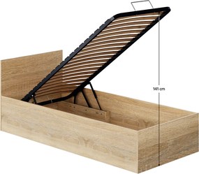 Postel s kovovým roštem a úložným prostorem, 90x200, dub sonoma, DOLI