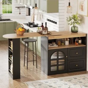 Aosom 360° otočný skříňový sideboard, se 2 zásuvkami, regálem na občerstvení, obloukovým sklem, 138-204 x 39 x 104 cm, černá
