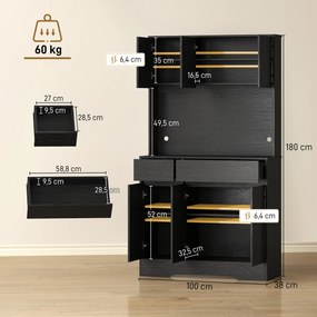 HOMCOM vysoká kuchyňská spížová skříň s pracovní deskou, 6 dveří, nastavitelné police a police na mikrovlnku — černá (100 × 38 × 180 cm)