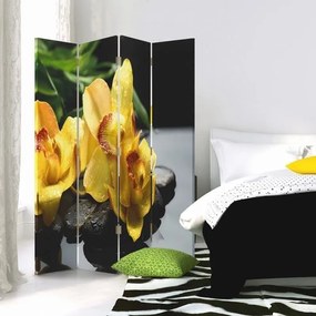 Ozdobný paraván, Žlutá orchidej - 145x170 cm, čtyřdílný, obustranný paraván 360°