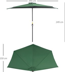 Outsunny poloviční slunečník balkónový slunečník 5 kovových prutů větrací štěrbina včetně 2,93 x 1,5 x 2,49 m vysoce hustý polyester zelený