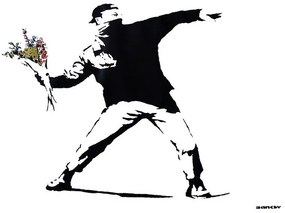 Plakát, Obraz - Banksy street art - graffiti throwing flowers, (59 x 42 cm)