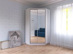 Rohová šatní skříň CORA 110 × 220 cm bílá se zrcadlem