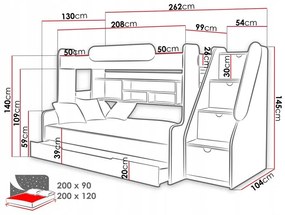 Dětská patrová postel s rozšířeným spodním lůžkem a šuplíkem SEGAN bílo-šedá - 200x90/120 cm