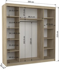 ADRK Furniture Skříň s posuvnými dveřmi a zrcadlem PERQS 200 ADRK-SW-PER-SW-200