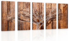 5-dílný obraz strom na dřevěném podkladu - 200x100 cm