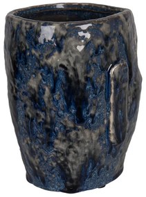 Modrý keramický obal na květináč/ váza s obličejem Blue Dotty M – 13x15x17 cm
