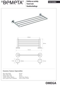 Bemeta Design OMEGA: Držák ručníků, 600 mm -