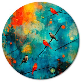 Kulatý obraz Ptačí shromáždění - barevní ptáci na pestrobarevném abstraktním pozadí
