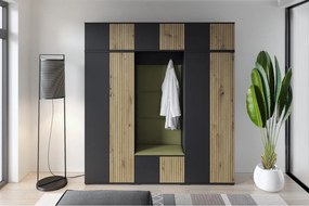 Eka Předsíňová stěna s čalouněnými panely Joey 4 - Černá a Dub Artisan / Khaki zelená 2327