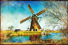 DIMEX | Samolepicí vliesová fototapeta na zeď Větrné mlýny Holandsko MA-5-2021 | 375 x 250 cm | zelená, modrá, oranžová, hnědá