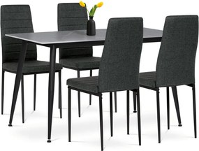 Jídelní set 1+4, stůl 130x70, deska slinutý kámen v imitaci šedého matného mramoru, židle zelená látka, černý lak