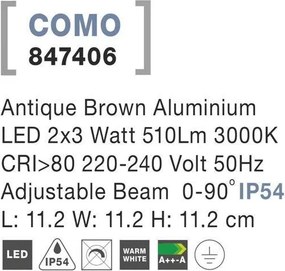 NV 847406 Venkovní nástěnné svítidlo COMO antický hnědý hliník LED 2x3W 3000K 220-240V nastavitelný úhel 0-90st. IP54 - NOVA LUCE