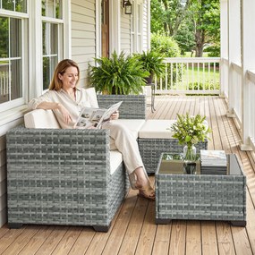 Polyratanový zahradní nábytek 5dílný, lounge set s rohovou pohovkou s taburetem, sedákem a opěrnými polštáři šedý+krémově bílý