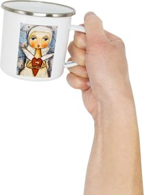 Smaltovaný hrnek Anděl lásky, 330 ml – autorská ilustrace anděla se srdcem, dárek s příběhem