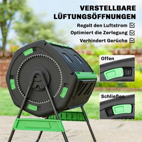 Outsunny 200 l kompostér s otočným bubnem, 94 × 67 × 98 cm – rychlý kompostér s větracími otvory a posuvnými dvířky, odolný plast