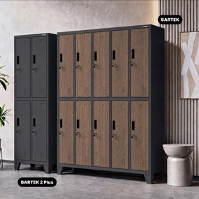 Plechová šatní skříňka na nožkách s 10 boxy BARTEK, 1360 x 1720 x 450 mm, Eco Design: antracitová/ ořech