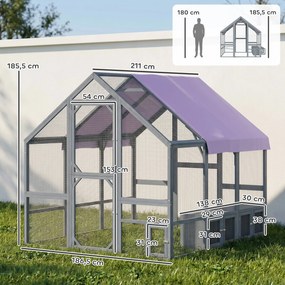 PawHut choditelný výběh pro slepice — cca 4 m², nepromokavý kryt, 2 hnízdní boxy a 2 bidýlka, bezpečnostní zámek — pro 8–10 slepic, tmavě šedý
