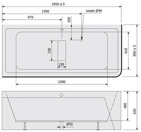 Polysan MARLENE CURVE L MONOLITH obdélníková vana 195x85x63cm, bílá, 78731MCL