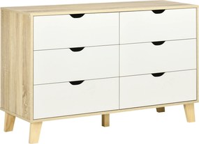 HOMCOM 6 zásuvková komoda v severském stylu s dřevěnými nohami, úložná jednotka pro ložnici a obývací pokoj, 120 x 40 x 76 cm, dřevo a bílá