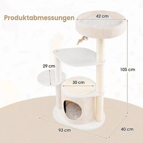 Costway 105 cm škrabadlo se sisalovými škrabadly, malý kočičí strom s domečkem