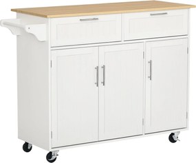 HOMCOM Kuchyňský ostrov na kolečkách, Kuchyňský vozík, Kuchyňský kredenc se 2 šuplíky, 3 dveřmi a bočním barem pro jídelny, 121x46x91 cm, Dub a Bílá |