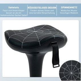 Vinsetto ergonomická otočná sedlová stolička — výškově nastavitelná 65,5–83,5 cm, náklon 120°, protiskluzová, černá