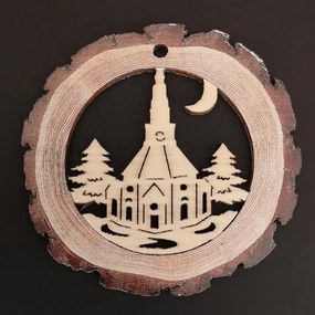 AMADEA Dřevěná ozdoba s potiskem kůry - koule s kostelem 6 cm