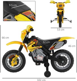 HOMCOM Dětská Elektrická Motorka, Krosová Motorka pro Děti s 6V Baterií, Světly, Hudbou a Přídavnými Koly, Věk 3-6, Nosnost 25KG, Žlutá a Černá
