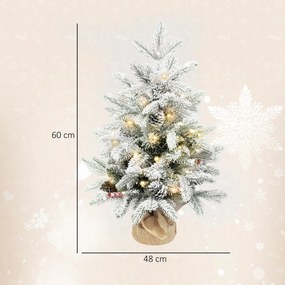 HOMCOM Mini vánoční stromek 60 cm s 35 LED světly, efekt sněhu, mini stolní stromek s šiškami, umělý vánoční stromek pro vánoční dekoraci, bílý
