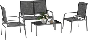 Outsunny 4-dílná zahradní lounge souprava se 2-místnou venkovní pohovkou s nastavitelným opěradlem, 2 křesly a skleněným konferenčním stolkem, ocelová