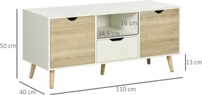HOMCOM TV Stolek s Šuplíkem, 2 Dveřmi a Komorou pro Televize do 50 Palců, Dezén pro Obývací Pokoj a Ložnici 110x40x50 cm Bílý a Přírodní