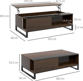 HOMCOM konferenční stolek odkládací stolek se zvedací funkcí 102x58x35,5cm moderní rozkládací stolek s úložným prostorem z oceli v barvě ořech černá |