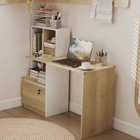 HOMCOM počítačový stůl s regálem 4 přihrádky a uzamykatelnou zásuvkou na závěsný registr, 126 x 50 x 109 cm, dub a bílá