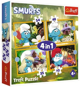 Puzzle 4v1 Život ve Šmoulí vesnici 28,5x20,5cm v krabici 28x28x6cm