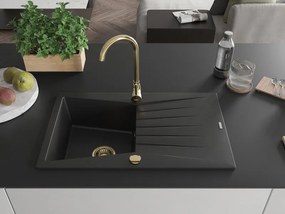 Mexen Cesar, granitový dřez 775x470x190 mm, 1-komorový, černá se zlatým sifonem, 6514771010-77-G