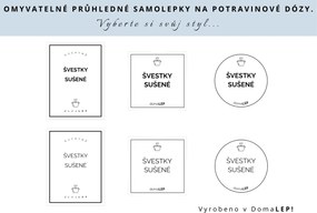 ŠVESTKY SUŠENÉ - omyvatelná samolepka na dózu, výběr rozměrů Ø 5 cm / 5 x 5 cm / 6 x 8 cm | DomaLEP tvar: OBDÉLNÍK, barva: PRŮHLEDNÁ - ČERNÉ písmo, velikost: š. 6 cm x v. 8 cm - tučné písmo