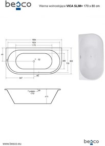 BESCO Asymetrická vana VICA SLIM+ bílá, sifon se štěrbinovým přepadem Barva sifonu - Zlatá, Nožičky k vaně - Bez nožiček, Rozměr vany - 170 × 80 cm VANVIC170SLIMZ