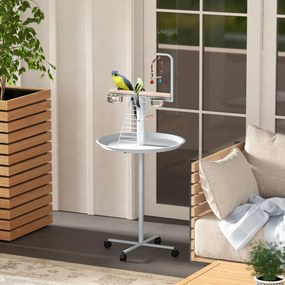 PawHut stojan na ptáky s krmítkem, kolečka, bidýlka, krmítko, krmítko pro ptáky s žebříkem na zahradu, balkon, ocel, bílá