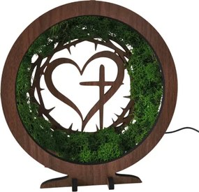 Dřevěná LED lampa s mechem - Srdce a Kříž I SENTOP LED0582
