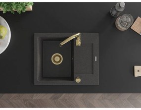 Mexen Enzo, granitový dřez 576x465x174 mm, 1-komorový, černá skvrnitá se zlatým sifonem, 6506571005-76-G