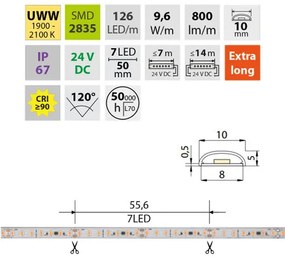 MCLED sestava LED pásek do sauny UWW 2m + kabel + trafo + stmívání