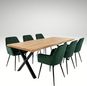 Vikio Jídelní set pro 6 osob 180x90 cm soft dub noha X zelená židle s područkami VJS228-6Z