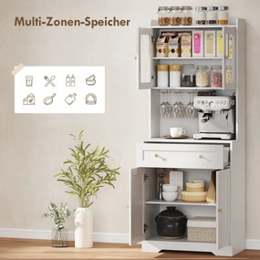 HOMCOM Kuchyňská skříň s pracovní deskou, držákem na vinné sklenice, skladovací skříň do kuchyně a jídelny, 170 cm, MDF, sklo, bílá