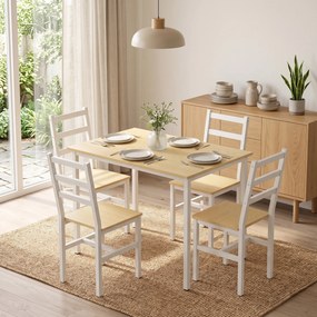 HOMCOM jídelní set se 4 židlemi, obdélníkový stůl 108 cm, židle s latkovým opěradlem, dub a bílá
