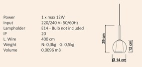 Sikrea Závěsné svítidlo EMY Ø14 cm, 1xE14 Barva skla: Transparentní, Barva montury: Matná černá, Typ montury: Zápustná