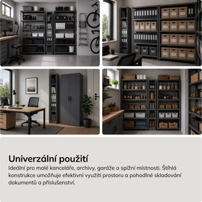 Úzký kovový archivační regál na dokumenty antracitový, 250x1950x450 mm: TIM
