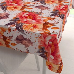Biante Bavlněný obdélníkový ubrus Sandra SA-600 Velké červeno-růžovo-oranžové květy pivoňky na bílém 50x100 cm